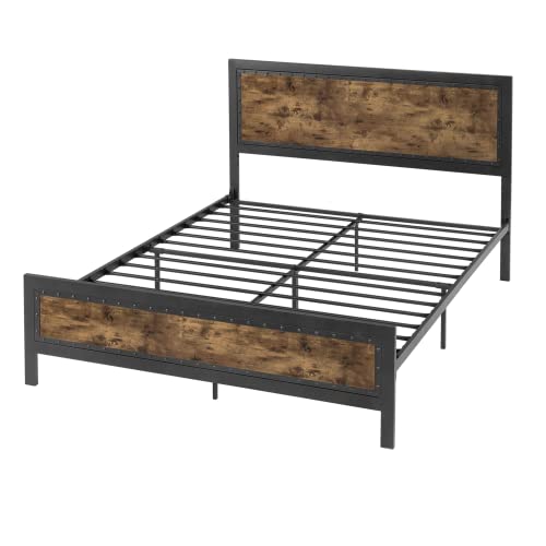 SHA CERLIN Grey Metal Bed Frame Queen/Industrial Wooden Platform Bed with Rivet Headboard/No Box Spring Needed