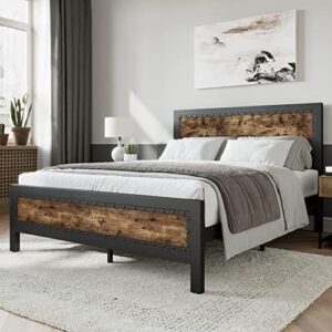 SHA CERLIN Grey Metal Bed Frame Queen/Industrial Wooden Platform Bed with Rivet Headboard/No Box Spring Needed