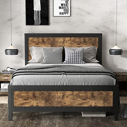 SHA CERLIN Grey Metal Bed Frame Queen/Industrial Wooden Platform Bed with Rivet Headboard/No Box Spring Needed