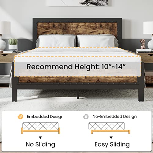 SHA CERLIN Grey Metal Bed Frame Queen/Industrial Wooden Platform Bed with Rivet Headboard/No Box Spring Needed