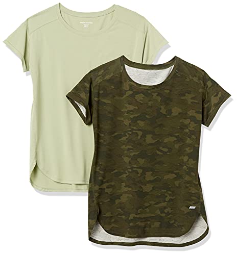 Amazon Essentials Women's Studio Relaxed-Fit Lightweight Crewneck T-Shirt (Available in Plus Size), Pack of 2, Light Green/Camo, Small