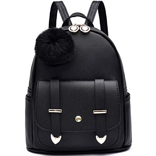 I IHAYNER Girls Fashion Backpack Mini Backpack Purse for Women Teenage Girls Purses PU Leather Pompom Backpack Shoulder Bag Black