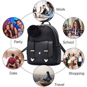 I IHAYNER Girls Fashion Backpack Mini Backpack Purse for Women Teenage Girls Purses PU Leather Pompom Backpack Shoulder Bag Black