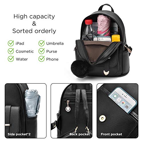 I IHAYNER Girls Fashion Backpack Mini Backpack Purse for Women Teenage Girls Purses PU Leather Pompom Backpack Shoulder Bag Black