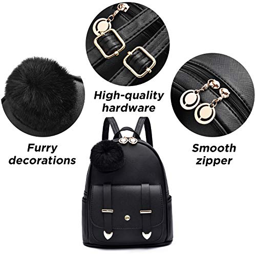 I IHAYNER Girls Fashion Backpack Mini Backpack Purse for Women Teenage Girls Purses PU Leather Pompom Backpack Shoulder Bag Black