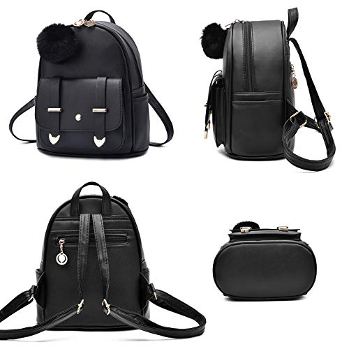 I IHAYNER Girls Fashion Backpack Mini Backpack Purse for Women Teenage Girls Purses PU Leather Pompom Backpack Shoulder Bag Black