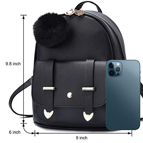 I IHAYNER Girls Fashion Backpack Mini Backpack Purse for Women Teenage Girls Purses PU Leather Pompom Backpack Shoulder Bag Black