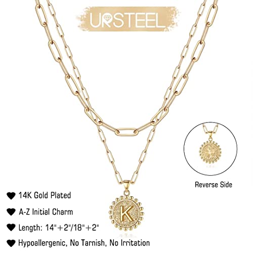 Ursteel Gold Necklace for Women, 14K Gold Plated Dainty Layering Paperclip Chain Necklace Letter K Initial Coin Pendant Necklaces Layered Gold Necklaces for Women Jewelry Gifts Gold Jewelry for Women