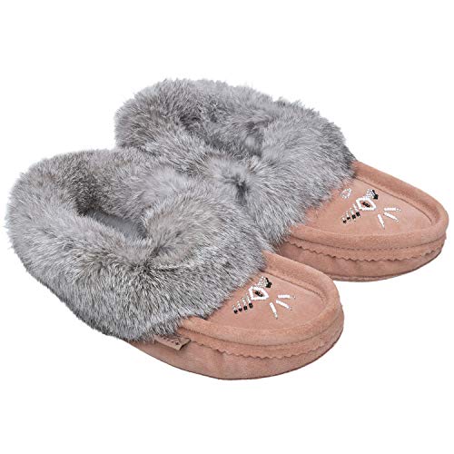 Laurentian Chief Moccasin Slippers for Women – Comfortable Slippers with Real Fur Trim and Soft Faux Lining – Canada Quality Beaded Style Warmie Slippers for Indoor Use (Cappuccino, numeric_9)