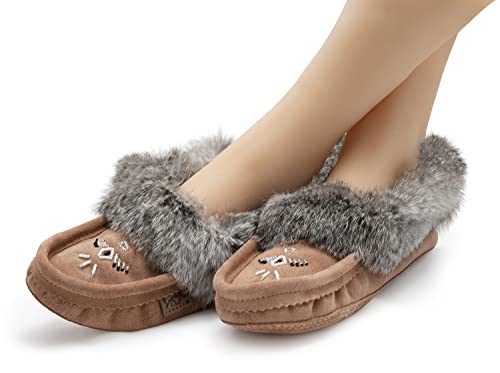 Laurentian Chief Moccasin Slippers for Women – Comfortable Slippers with Real Fur Trim and Soft Faux Lining – Canada Quality Beaded Style Warmie Slippers for Indoor Use (Cappuccino, numeric_9)