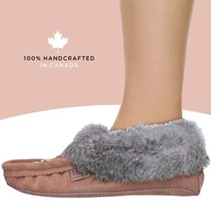 Laurentian Chief Moccasin Slippers for Women – Comfortable Slippers with Real Fur Trim and Soft Faux Lining – Canada Quality Beaded Style Warmie Slippers for Indoor Use (Cappuccino, numeric_9)