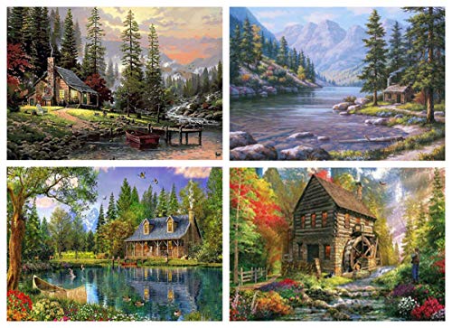 Chenistory 4 Packs DIY Paint by Number for Kids & Adults Acrylic Painting 16 x 20 inch Paint Canvas with Paintbrushes Set Draw Arts Craft Home Decoration - Mountain Landscape Picture