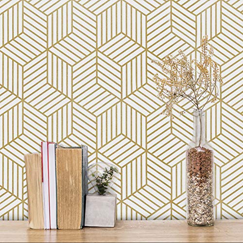 Gold and White Geometric Wallpaper Peel and Stick Wallpaper Hexagon Removable Self Adhesive Wallpaper Gold Stripes Geometric Paper Vinyl Film Decorative Shelf Drawer Liner Roll Waterproof17.7”×393”