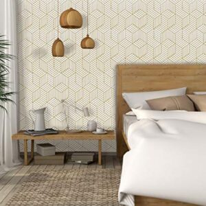 Gold and White Geometric Wallpaper Peel and Stick Wallpaper Hexagon Removable Self Adhesive Wallpaper Gold Stripes Geometric Paper Vinyl Film Decorative Shelf Drawer Liner Roll Waterproof17.7”×393”