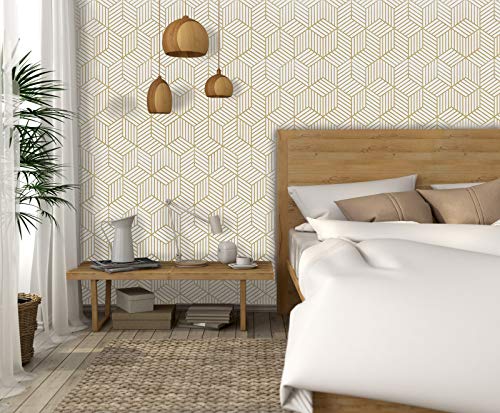 Gold and White Geometric Wallpaper Peel and Stick Wallpaper Hexagon Removable Self Adhesive Wallpaper Gold Stripes Geometric Paper Vinyl Film Decorative Shelf Drawer Liner Roll Waterproof17.7”×393”