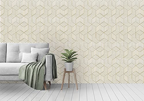 Gold and White Geometric Wallpaper Peel and Stick Wallpaper Hexagon Removable Self Adhesive Wallpaper Gold Stripes Geometric Paper Vinyl Film Decorative Shelf Drawer Liner Roll Waterproof 17.7”×118”