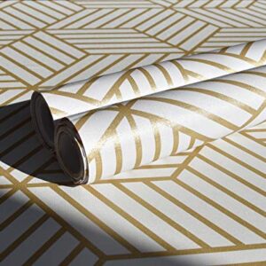 Gold and White Geometric Wallpaper Peel and Stick Wallpaper Hexagon Removable Self Adhesive Wallpaper Gold Stripes Geometric Paper Vinyl Film Decorative Shelf Drawer Liner Roll Waterproof 17.7”×118”