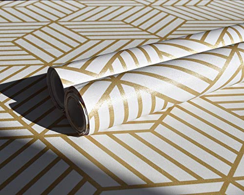 Gold and White Geometric Wallpaper Peel and Stick Wallpaper Hexagon Removable Self Adhesive Wallpaper Gold Stripes Geometric Paper Vinyl Film Decorative Shelf Drawer Liner Roll Waterproof 17.7”×118”