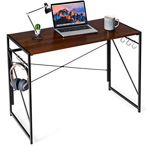 Tangkula Folding Computer Desk, Study Writing Desk with 6 Hooks, Modern Simple PC Laptop Desk with Sturdy Metal Construction, Space Saving Writing Table for Home Office (Brown)