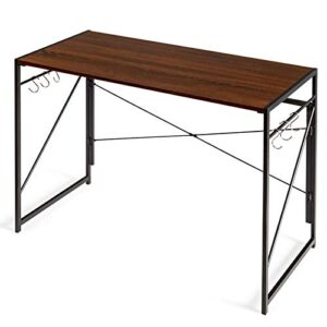 Tangkula Folding Computer Desk, Study Writing Desk with 6 Hooks, Modern Simple PC Laptop Desk with Sturdy Metal Construction, Space Saving Writing Table for Home Office (Brown)