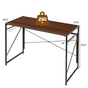 Tangkula Folding Computer Desk, Study Writing Desk with 6 Hooks, Modern Simple PC Laptop Desk with Sturdy Metal Construction, Space Saving Writing Table for Home Office (Brown)