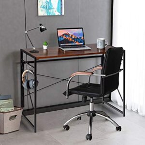 Tangkula Folding Computer Desk, Study Writing Desk with 6 Hooks, Modern Simple PC Laptop Desk with Sturdy Metal Construction, Space Saving Writing Table for Home Office (Brown)