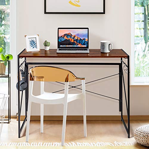 Tangkula Folding Computer Desk, Study Writing Desk with 6 Hooks, Modern Simple PC Laptop Desk with Sturdy Metal Construction, Space Saving Writing Table for Home Office (Brown)