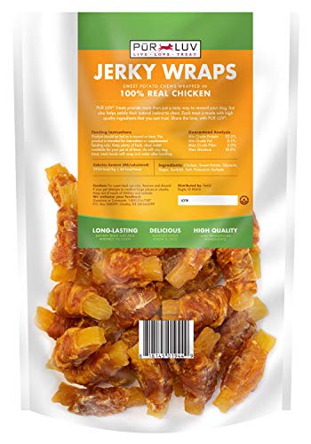 Pur Luv Chicken and Sweet Potato Jerky Wraps Rawhide Free Dog Treats, Healthy, Easily Digestible, Long Lasting, and High Protein Dog Treat, 16 oz, Brown