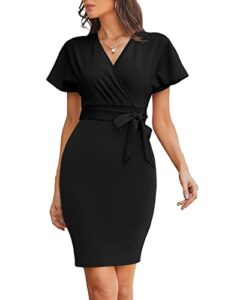 grace karin wedding guest dresses for women elegant wrap v neck ruched work business bodycon sheath dress black l