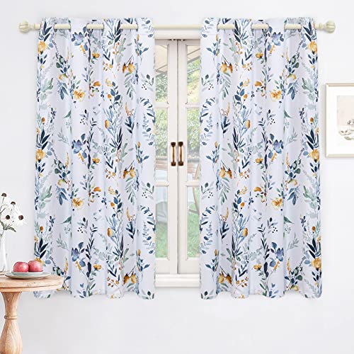 MYSKY HOME Floral Blackout Curtains 63 Inch Long Living Room Bedroom Curtains Thermal Insulated Curtains Room Darkening Curtains Printed Flower Leaf Window Treatments, 2 Panels, Yellow and Blue