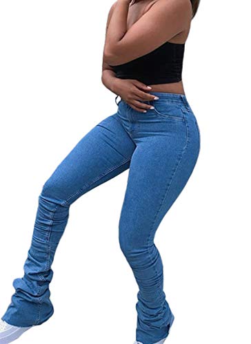 Women's Skinny Jeans Classic High Rise Stretch Bootcut Stacked Pull-On Denim Pants Long Trouser C-Blue