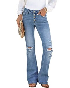 utyful women's high waist button fly ripped jeans stretchy flare denim jeans bell bottom pants button fly- light blue medium