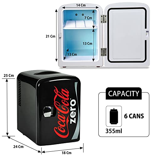 Coca cola Coke Zero 4L Cooler/Warmer w/ 12V DC and 110V AC Cords, 6 Can Portable Mini Fridge, Personal Travel Refrigerator for Snacks Lunch Drinks Cosmetics, Desk Home Office Dorm, Black