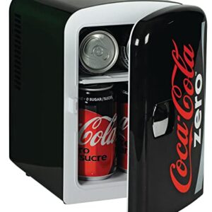 Coca cola Coke Zero 4L Cooler/Warmer w/ 12V DC and 110V AC Cords, 6 Can Portable Mini Fridge, Personal Travel Refrigerator for Snacks Lunch Drinks Cosmetics, Desk Home Office Dorm, Black