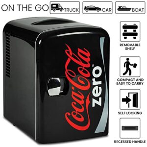 Coca cola Coke Zero 4L Cooler/Warmer w/ 12V DC and 110V AC Cords, 6 Can Portable Mini Fridge, Personal Travel Refrigerator for Snacks Lunch Drinks Cosmetics, Desk Home Office Dorm, Black