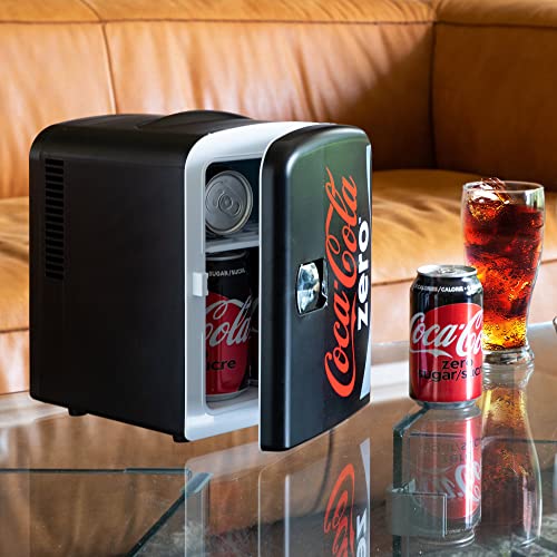 Coca cola Coke Zero 4L Cooler/Warmer w/ 12V DC and 110V AC Cords, 6 Can Portable Mini Fridge, Personal Travel Refrigerator for Snacks Lunch Drinks Cosmetics, Desk Home Office Dorm, Black