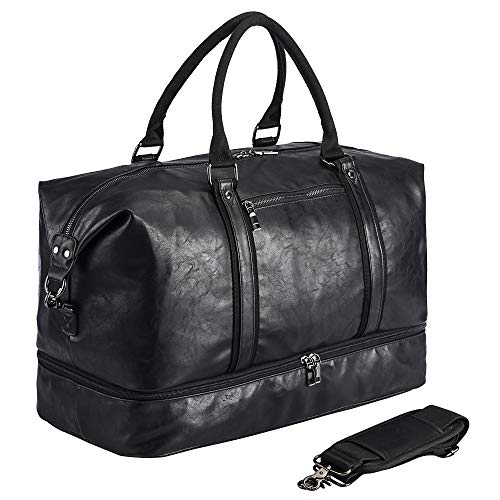 Leather Travel Bag with Shoe Pouch,Weekender Overnight Bag Waterproof Leather Large Carry On Bag Travel Tote Duffel Bag for Men or Women