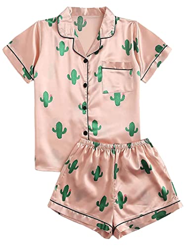 Avanova Women's Pajama Set Stain Cactus Print Short Sleeve Button Down 2 Piece Sleepwear Pink Catus Small