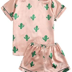 Avanova Women's Pajama Set Stain Cactus Print Short Sleeve Button Down 2 Piece Sleepwear Pink Catus Small