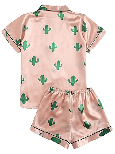 Avanova Women's Pajama Set Stain Cactus Print Short Sleeve Button Down 2 Piece Sleepwear Pink Catus Small