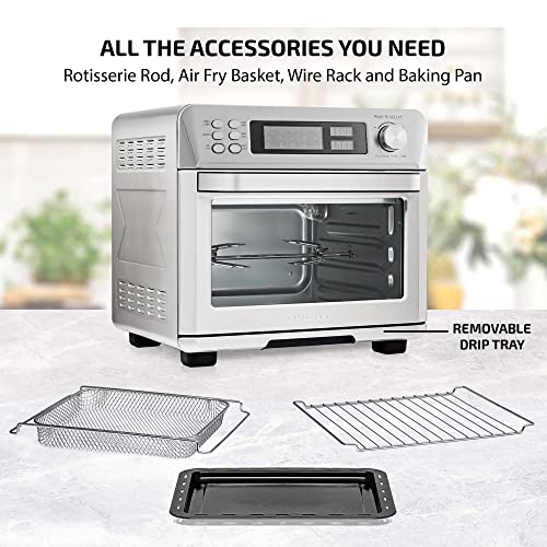 OVENTE Air Fryer Toaster Oven Combo, 26 Qt Stainless Steel Countertop Convection Oven with 1700W Power, Digital Display and Accessories, Perfect for Pizza, Roast, Bake, Toast & Broil, Silver OFD4025BR