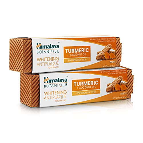 Himalaya Botanique Whitening Antiplaque Toothpaste with Turmeric + Coconut Oil, Fluoride Free, for Brighter Teeth, 4 oz, 2 Pack