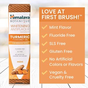 Himalaya Botanique Whitening Antiplaque Toothpaste with Turmeric + Coconut Oil, Fluoride Free, for Brighter Teeth, 4 oz, 2 Pack