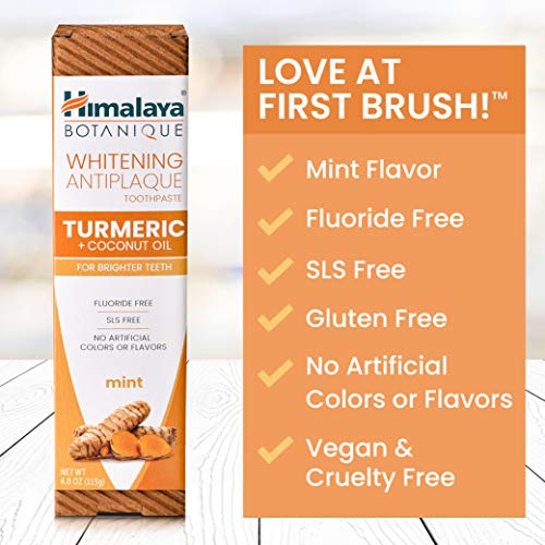 Himalaya Botanique Whitening Antiplaque Toothpaste with Turmeric + Coconut Oil, Fluoride Free, for Brighter Teeth, 4 oz, 2 Pack