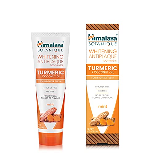 Himalaya Botanique Whitening Antiplaque Toothpaste with Turmeric + Coconut Oil, Fluoride Free, for Brighter Teeth, 4 oz, 2 Pack