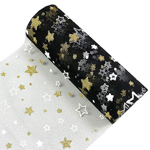 Yuanchuan Golden Star Glitter Tulle Rolls 6 inch x 10 Yards (30 feet) Black Tulle Rolls Spool Fabric Tutu for DIY Skirts Wedding Gift Wrap Sewing Crafting Bow Bridal Decorations Birthday Party (Black)