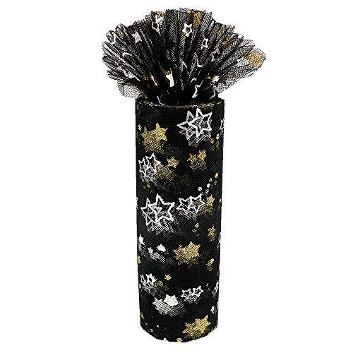 Yuanchuan Golden Star Glitter Tulle Rolls 6 inch x 10 Yards (30 feet) Black Tulle Rolls Spool Fabric Tutu for DIY Skirts Wedding Gift Wrap Sewing Crafting Bow Bridal Decorations Birthday Party (Black)