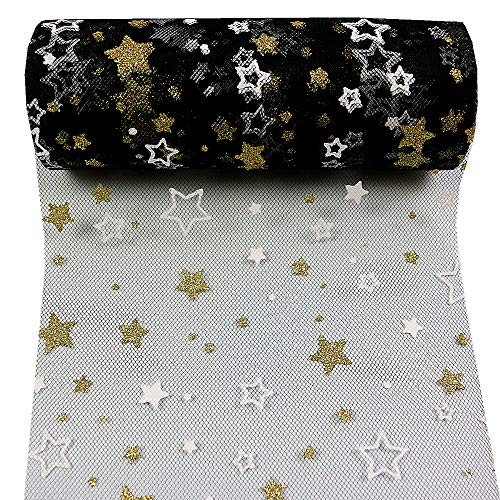 Yuanchuan Golden Star Glitter Tulle Rolls 6 inch x 10 Yards (30 feet) Black Tulle Rolls Spool Fabric Tutu for DIY Skirts Wedding Gift Wrap Sewing Crafting Bow Bridal Decorations Birthday Party (Black)