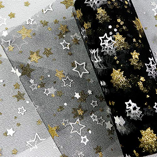 Yuanchuan Golden Star Glitter Tulle Rolls 6 inch x 10 Yards (30 feet) Black Tulle Rolls Spool Fabric Tutu for DIY Skirts Wedding Gift Wrap Sewing Crafting Bow Bridal Decorations Birthday Party (Black)