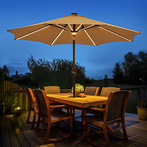 BLUU MAPLE 9 FT Outdoor Solar Patio Umbrella LED Table Umbrellas with 16 LED Strip Lights & Hub Light, Aluminum Frame, 3 YEARS Fade Resistance & UV Protection Olefin Fabric - Cream Beige